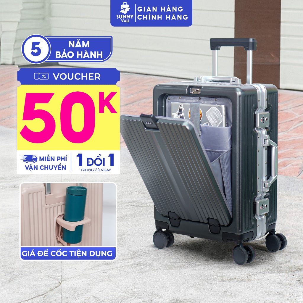 Vali SUNNY MONTER - Vali nhựa PC + ABS khung nhôm, khay đựng cốc, ngăn ...