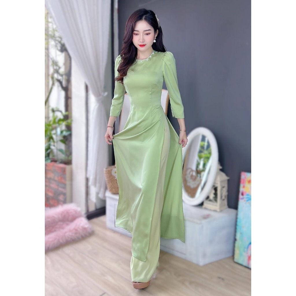 Áo dài truyền thống nữ tay bồng cổ đính ngọc AZALY AT422 | Shopee Việt Nam