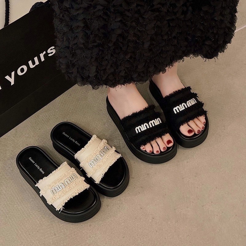 Dép lê khuy min đính đá mũi tròn vải thô viền xù đế cao lót êm - 3P ...