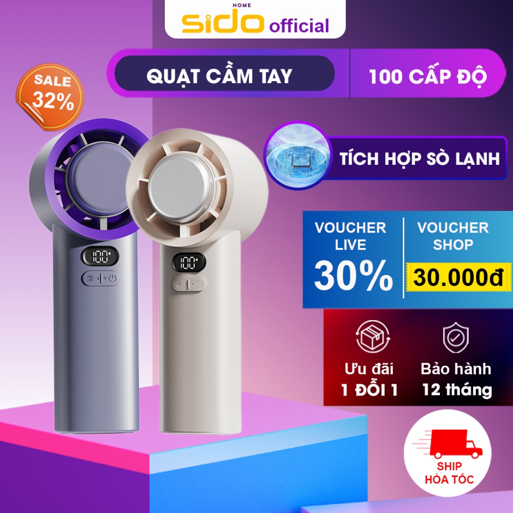 Quạt cầm tay mini Sidohome SH06 màn hình hiển thị LED 100 tốc độ gió ...