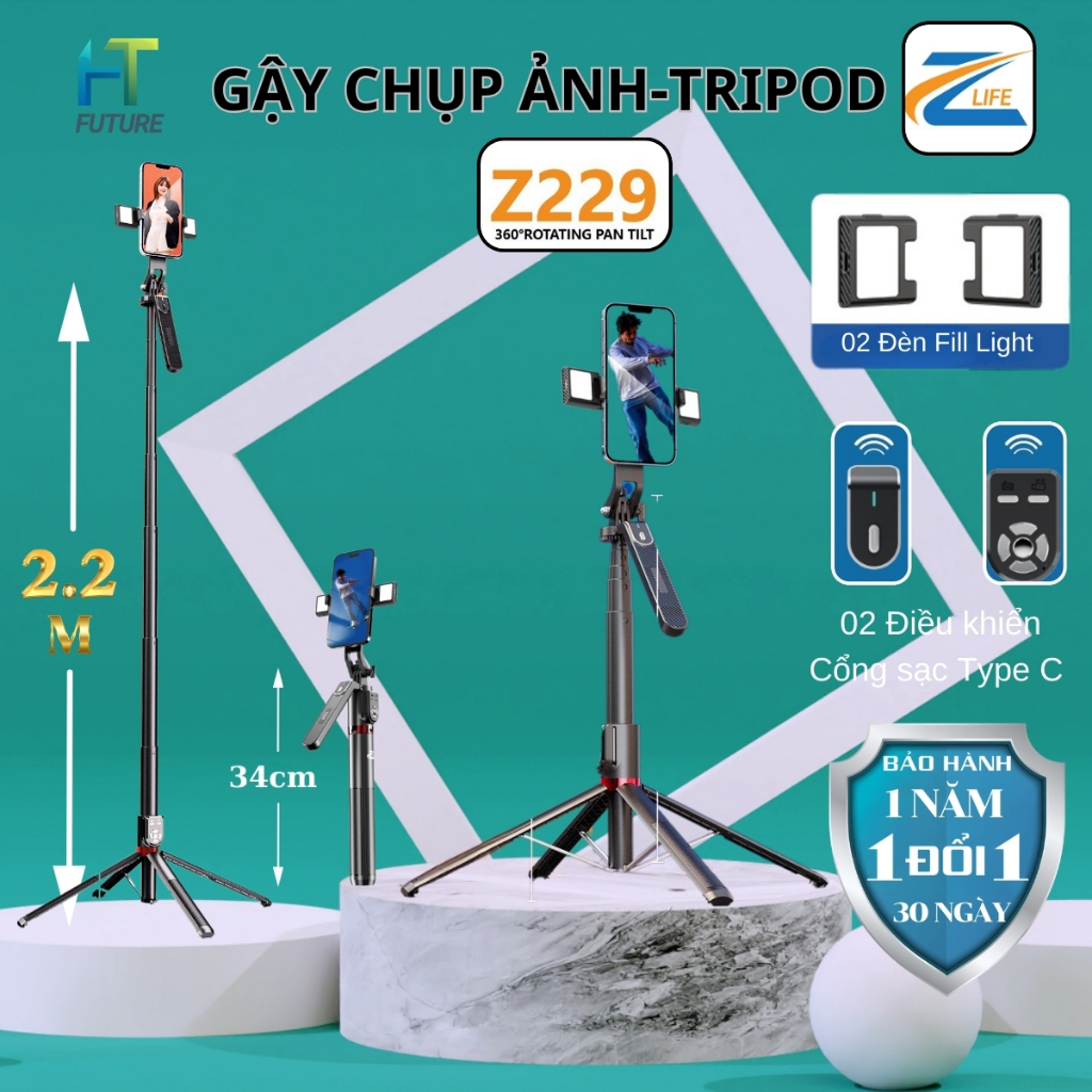 Gậy Chụp Ảnh Selfie 4 Chân ZLIFE Z229 Kéo Dài 2,2 Mét Tripod Cao Cấp Có ...