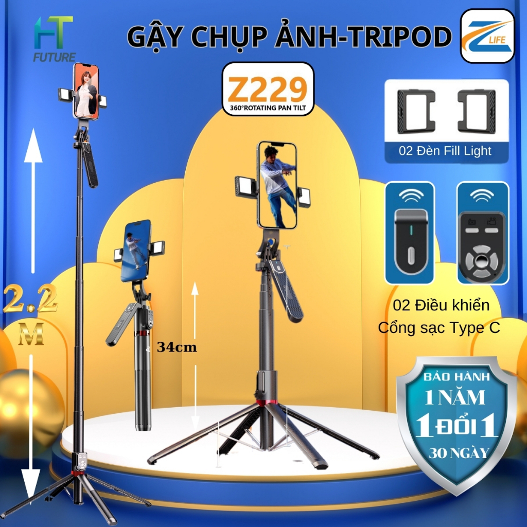 Gậy Chụp Ảnh 4 Chân Cao Cấp ZLIFE Z229, Kéo Dai 2,2 Mét Có 02 Đèn Led ...