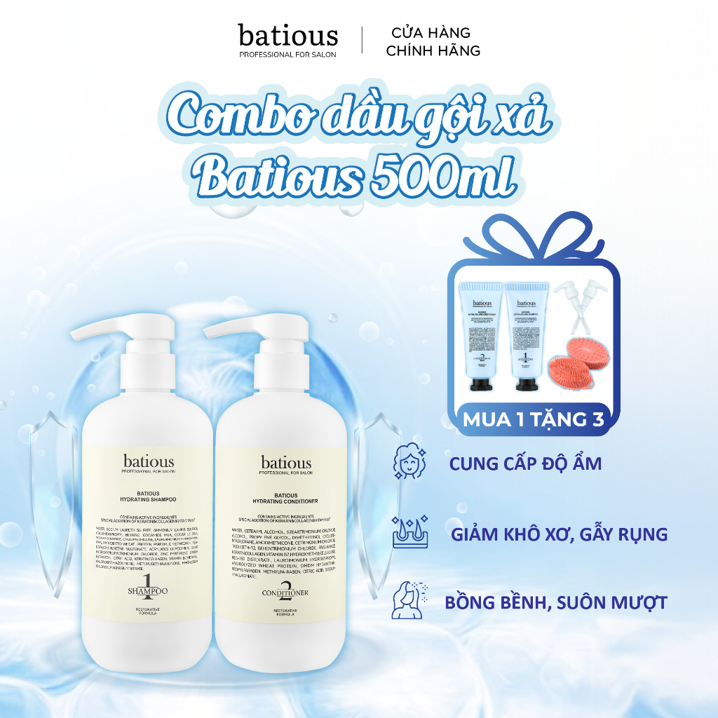 COMBO DẦU GỘI - DẦU XẢ BATIOUS Hydrating trắng giúp tóc mềm mượt chắc ...