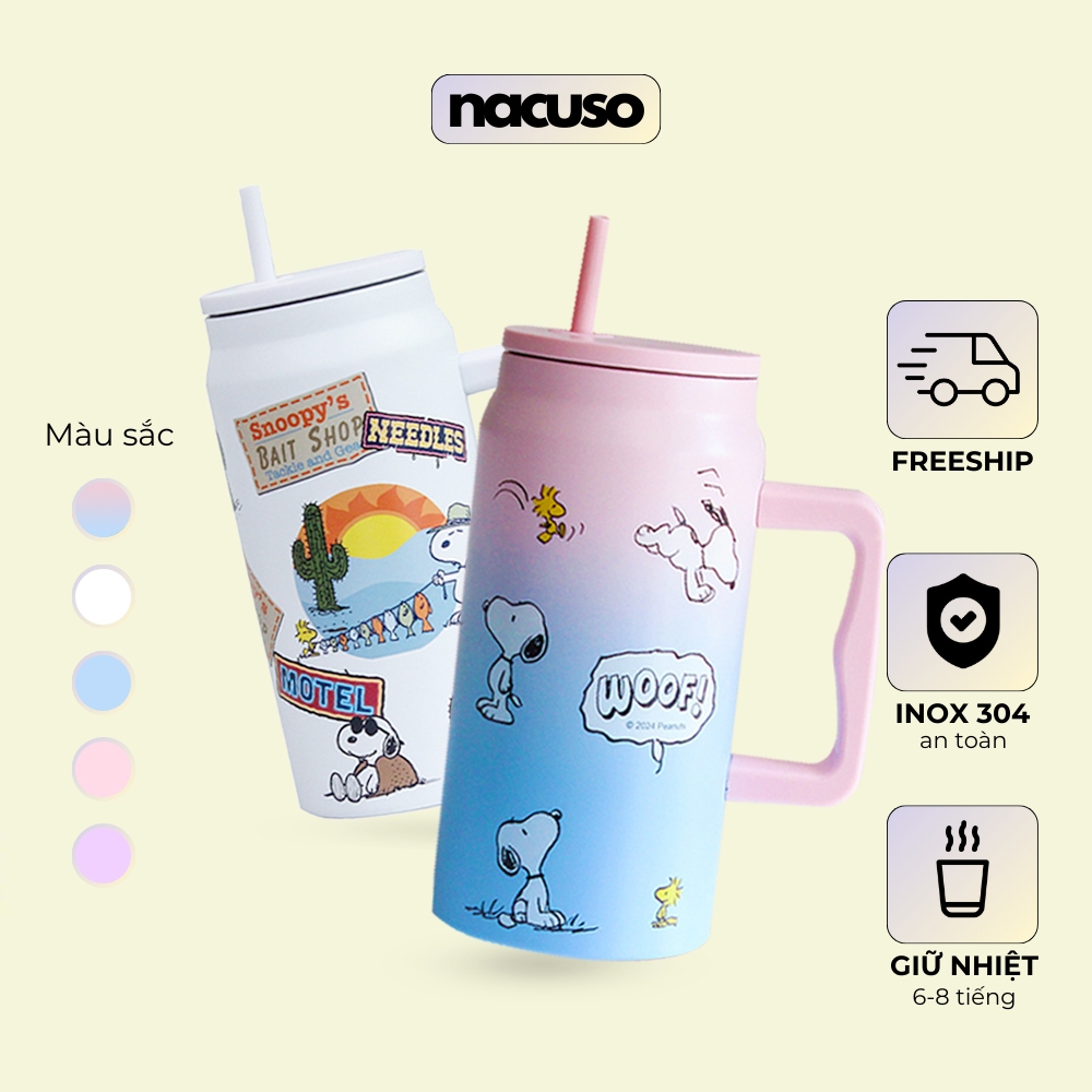 Ly giữ nhiệt khắc tên Snoopy 1500ml có tay cầm, bình nước giữ nhiệt ...