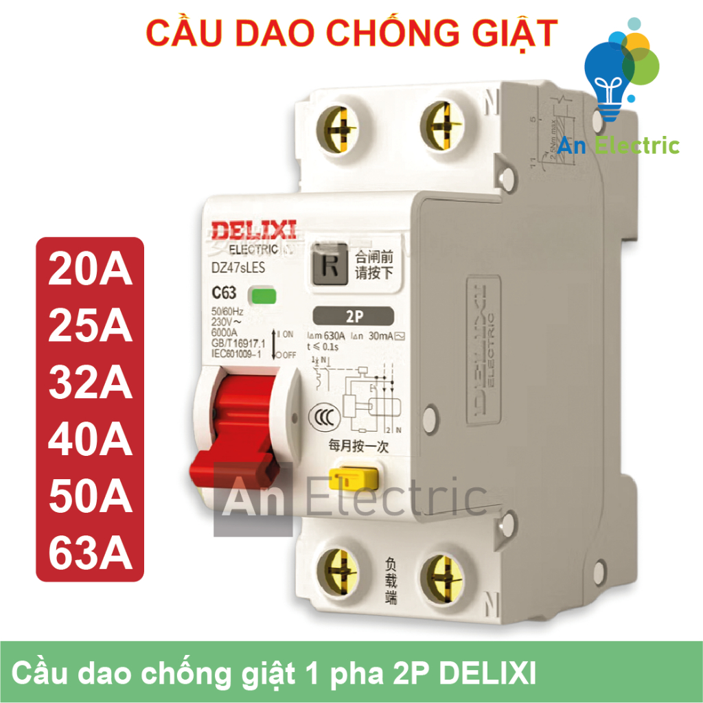 Cầu dao chống giật 1 pha 2P 20A / 25A / 32A / 40A / 50A / 63A 30mA DELIXI RCBO DZ47sLES ...
