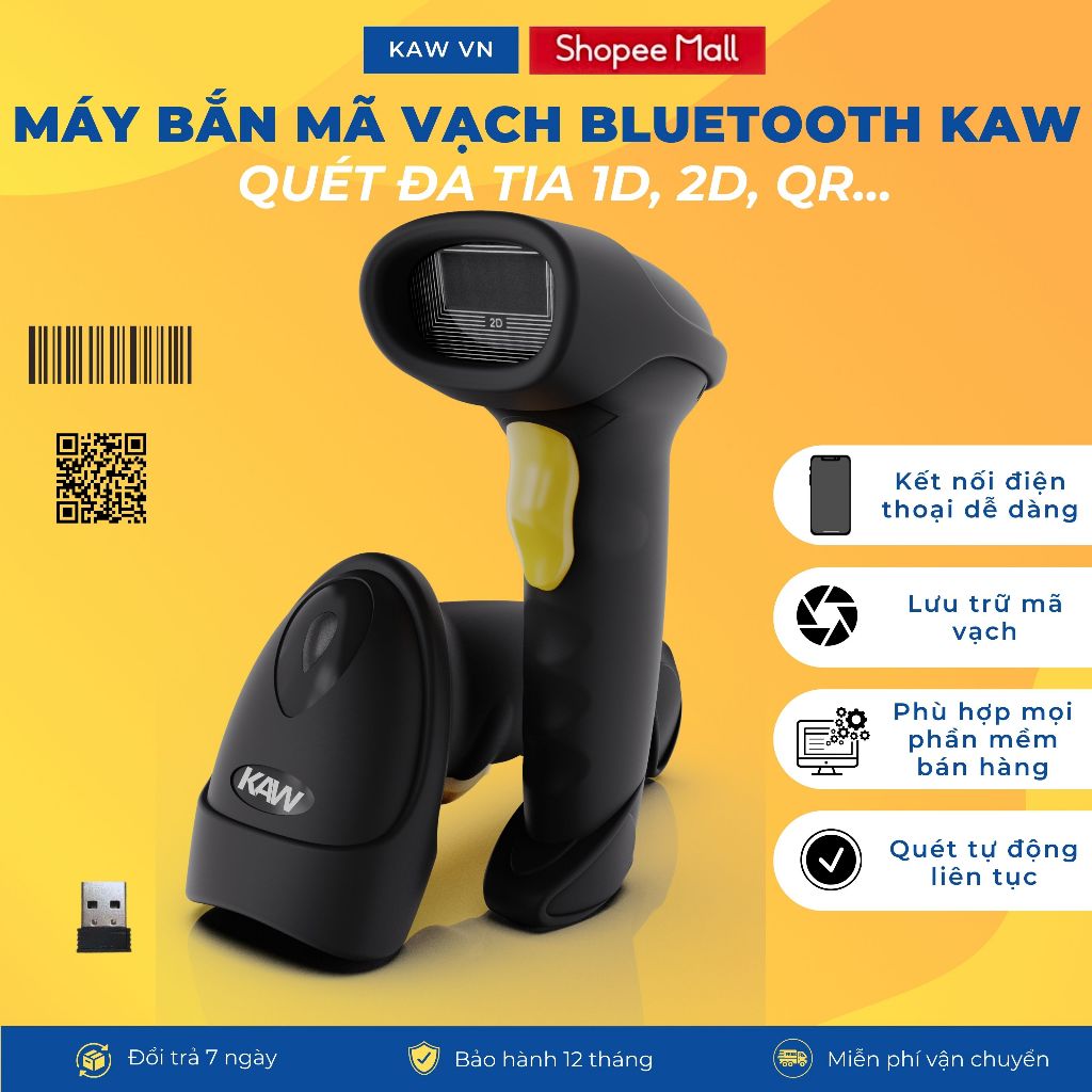 Máy quét mã vạch không dây Bluetooth KAW cao cấp, quét mã vạch, quét mã ...