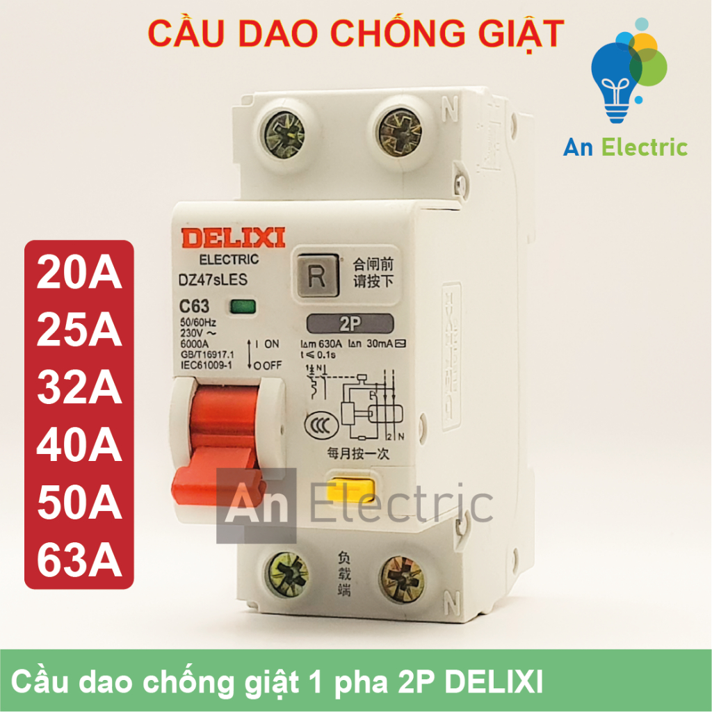 Cầu dao chống giật 1 pha 2P 20A / 25A / 32A / 40A / 50A / 63A 30mA DELIXI RCBO DZ47sLES ...