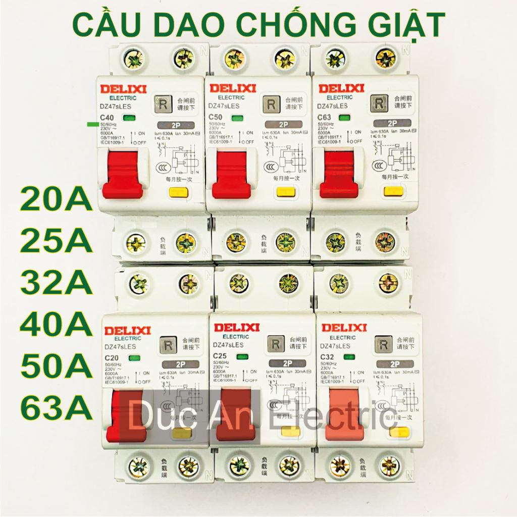 Cầu dao chống giật 1 pha 2P 20A / 25A / 32A / 40A / 50A / 63A 30mA DELIXI RCBO DZ47sLES ...