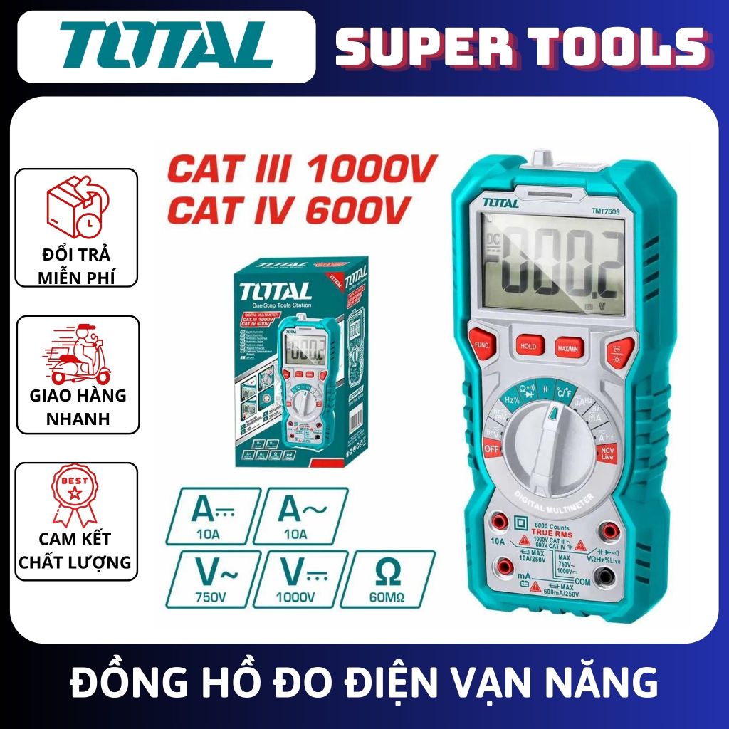 ĐỒ NGHỀ TOTAL Đồng hồ vạn năng kỹ thuật số RMS thực 6000 đếm - Phát ...