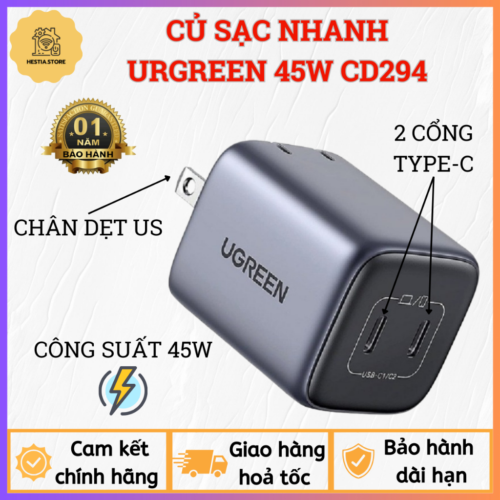 Củ sạc nhanh UGREEN 45W CD294 Nexode| Công nghệ GaN| 2 cổng Type C ...