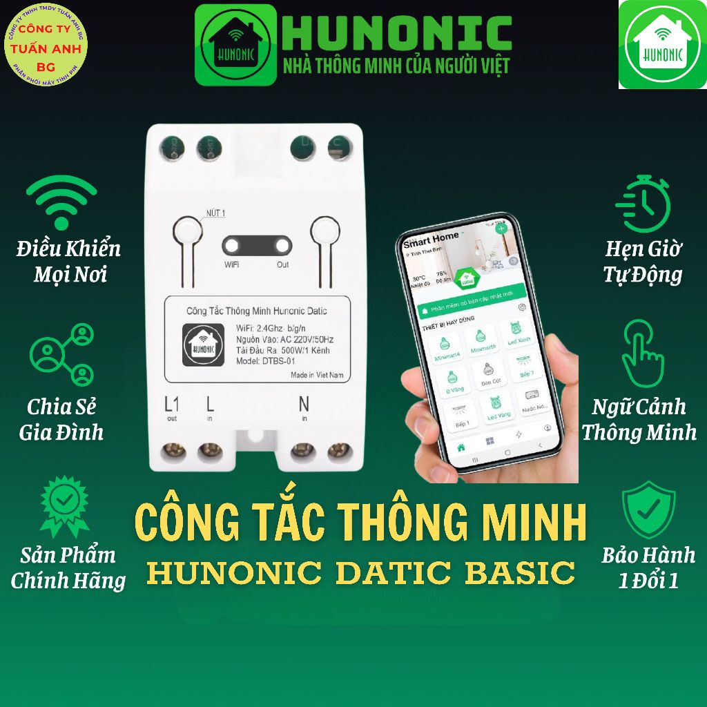 Công Tắc Thông Minh Hunonic Datic Basic 1 Kênh 500W, điều khiển từ xa ...