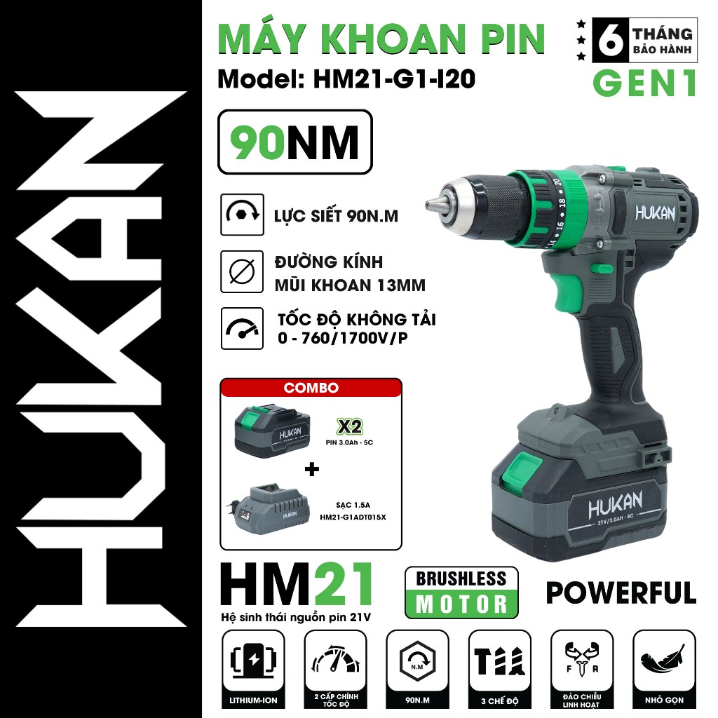 Máy khoan pin HUKAN HM21-G1-I20, Lực siết 90Nm, Không chổi than, 3 chức ...