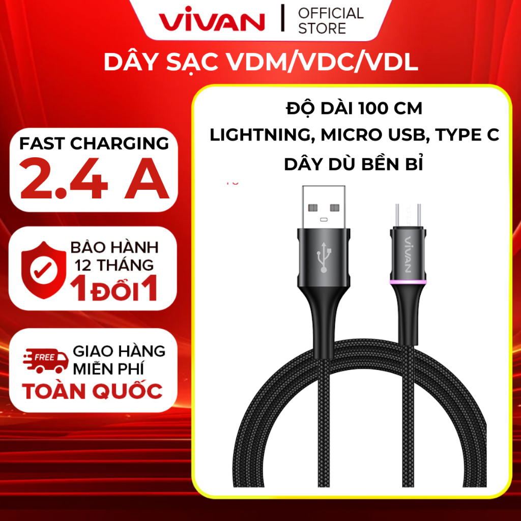 [BH 1 Năm] Dây sạc MicroUSB/ TypeC/ Light VIVAN VDM/VDC/VDL 2.4A Thân ...