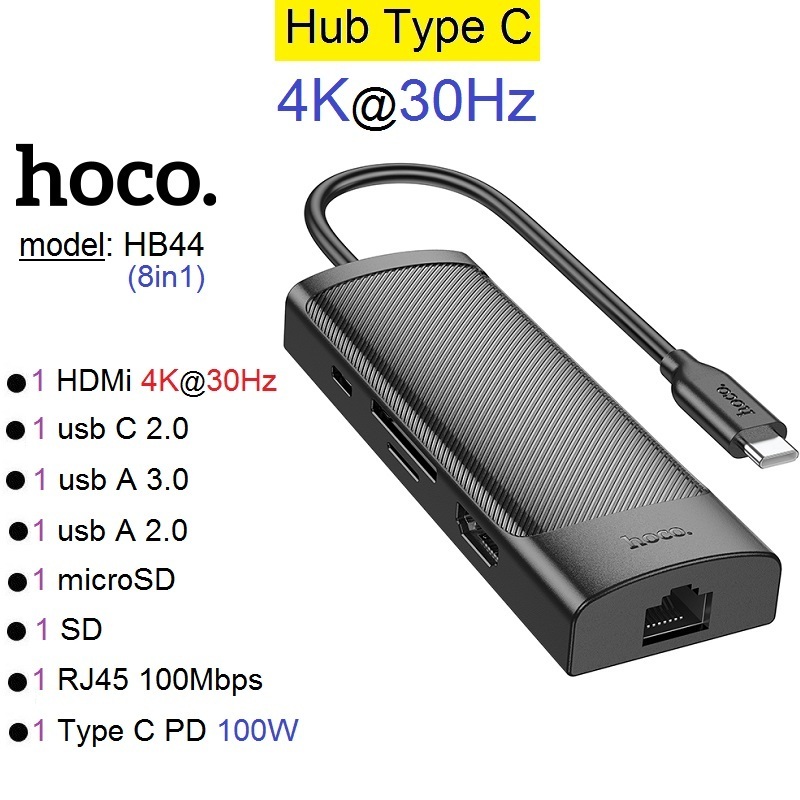 Hub Type C macbook 8in1 Hoco HB44 7in1 HB43 (HDMi, USB, RJ45, SD, microSD,Type C PD 100W ...