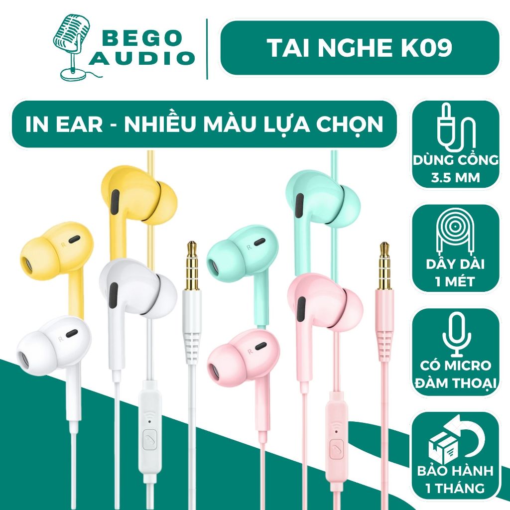 Tay nghe có dây, tai nghe dây K09 cổng 3.5mm dài 1m có mic đầu in ear ...