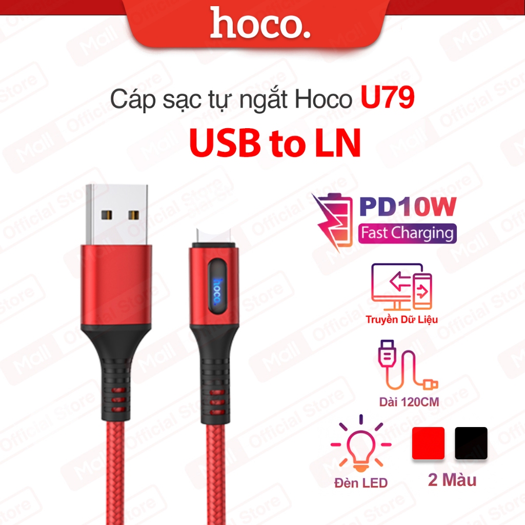 Cáp sạc tự ngắt thông minh PD10W USB to LN Hoco U79 dùng cho ip7/8/X/11/12 đèn LED, dài 120cm ...