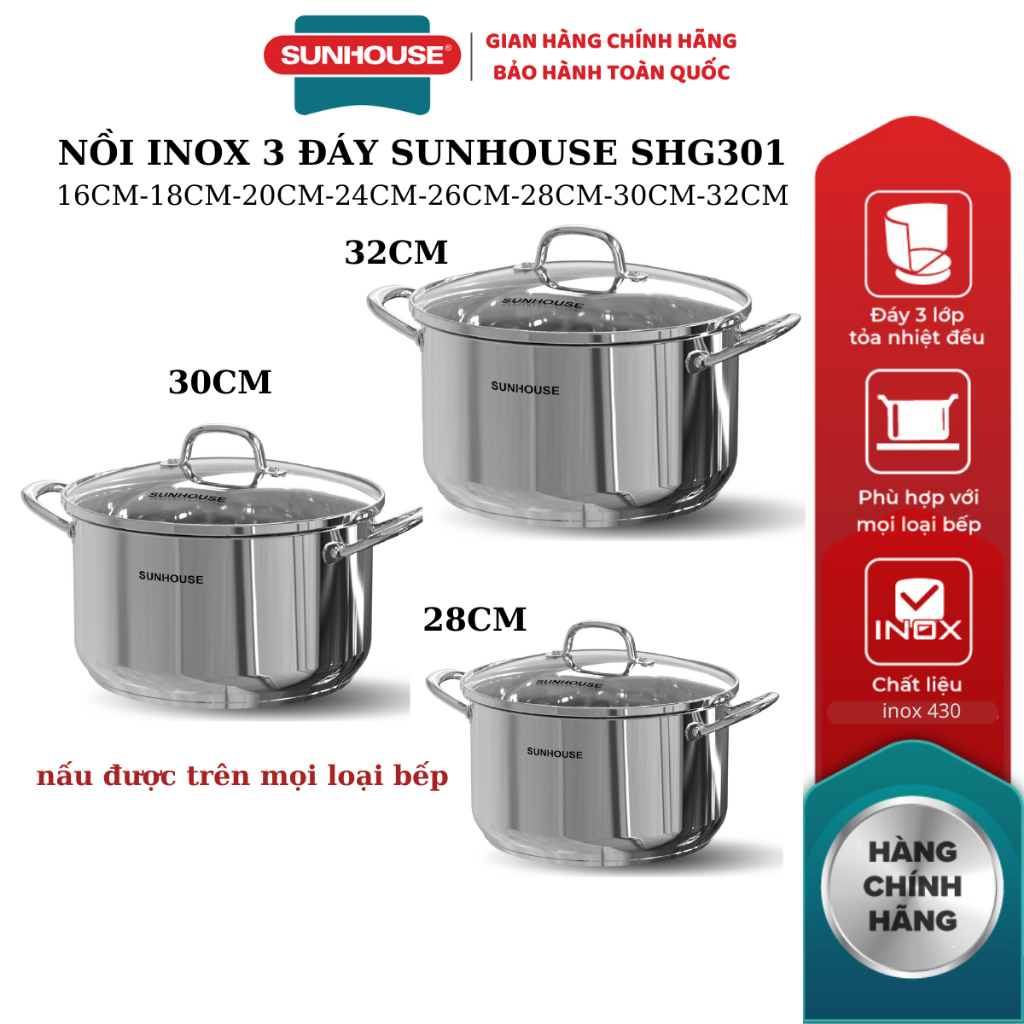 NỒI INOX 3 ĐÁY SUNHOUSE SHG301 size 18cm - 32cm - hàng chính hãng SUNHOUSE | Shopee Việt Nam