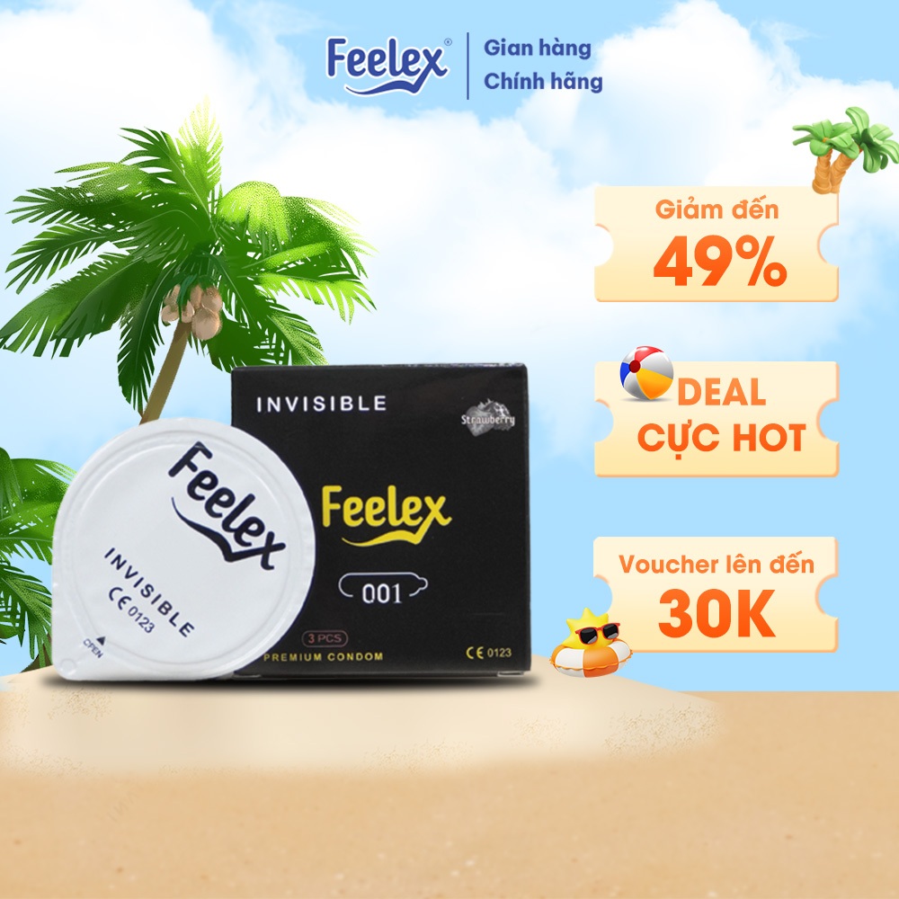 Bao cao su Feelex Invisible siêu mỏng, nhiều gel bôi trơn, hương dâu ...