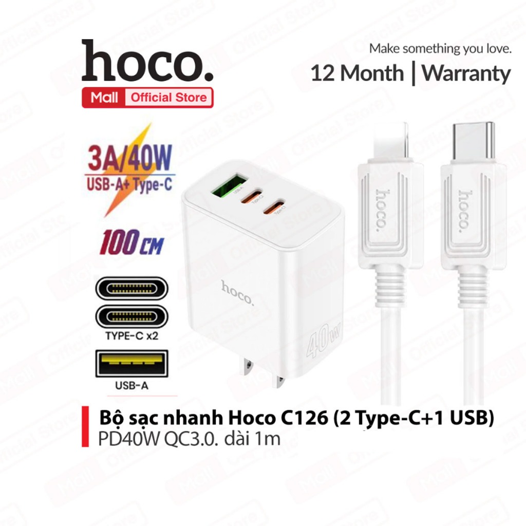 Bộ sạc nhanh PD40W Type-C to LN dùng cho ip7/8/X/11/12 Hoco C126 1 cổng ...