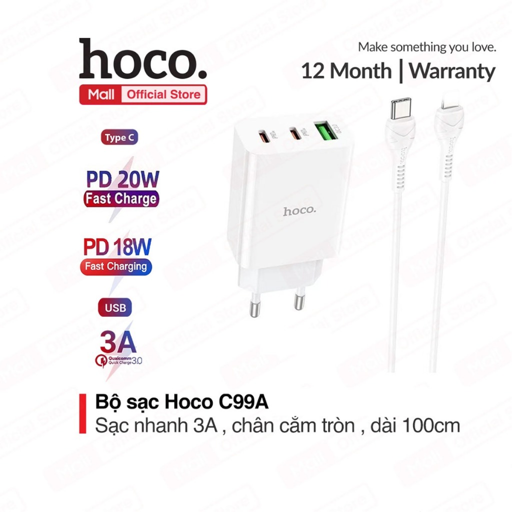 Bộ sạc nhanh Hoco C99A 3 cổng Type-C 20W + Type-C 18W+USB Q.C3.0 kèm ...