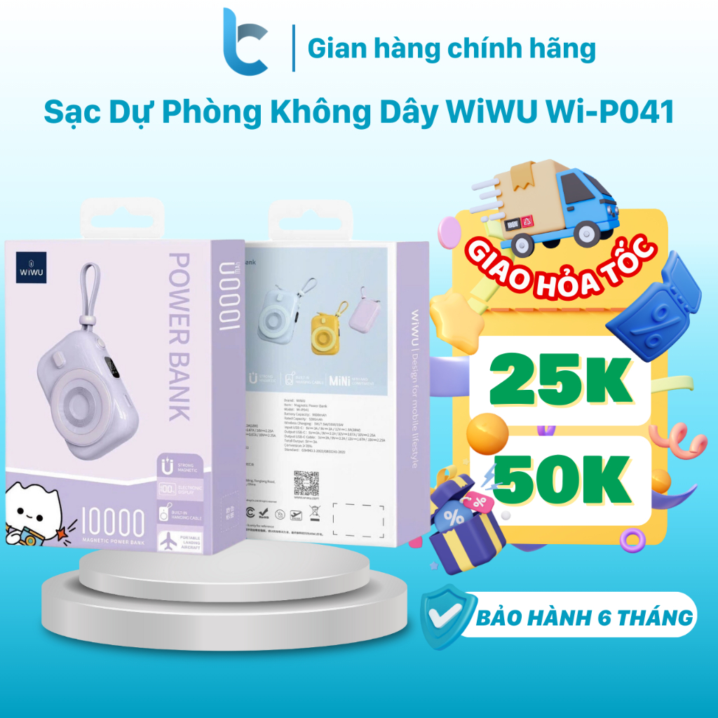 Sạc Dự Phòng Không Dây WiWU Wi-P041 Không Dây 15W Dung Lượng 10.000mAh Tích Hợp Cáp Sạc USB-C ...