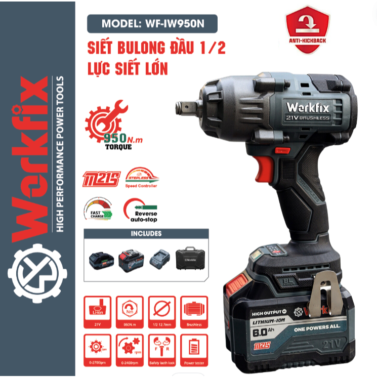 [ANTI-KICKBACK] Máy Siết Bulong Pin WORKFIX WF-IW950N Không Chổi Than, Lực Siết 950Nm Mở Vặn Ốc ...