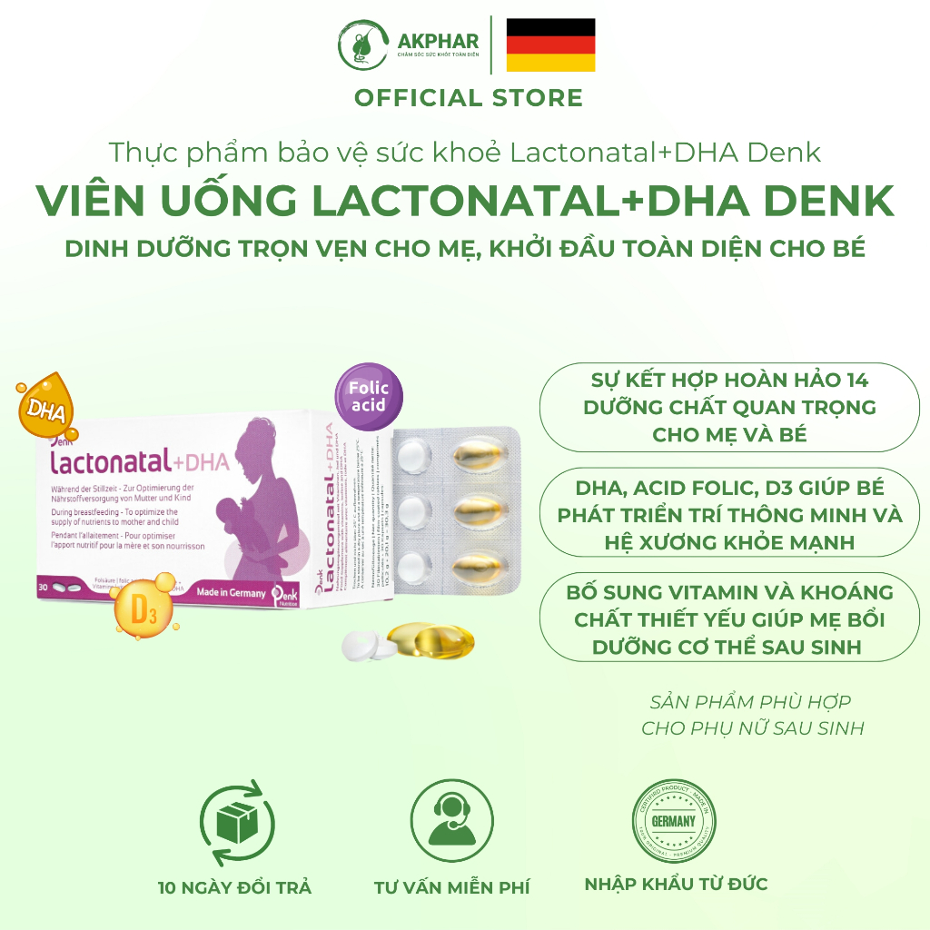 Viên uống bổ sung vitamin và vi chất Lactonatal +DHA Denk AKphar giảm ...