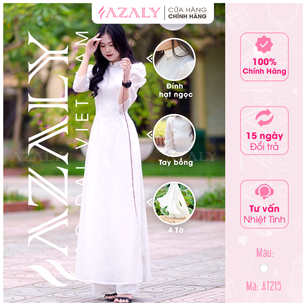 Áo dài tay bồng 4 tà AZALY đính ngọc cổ & tay áo, trong lót lụa, màu ...