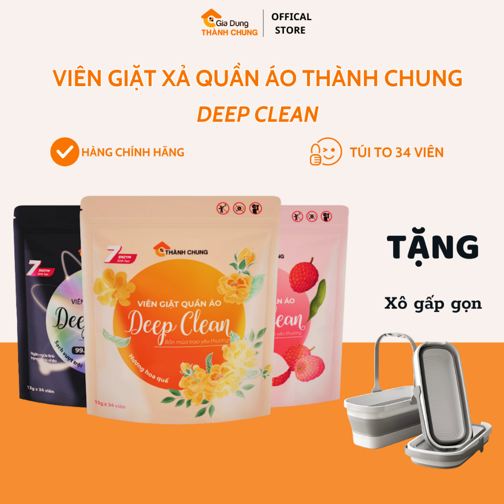 [Mua 3 Tặng 1 Xô Gấp Gọn ] Viên Giặt Xả Quần Áo Thành Chung Deep Clean (34 Viên/túi) 7 EnZyme ...