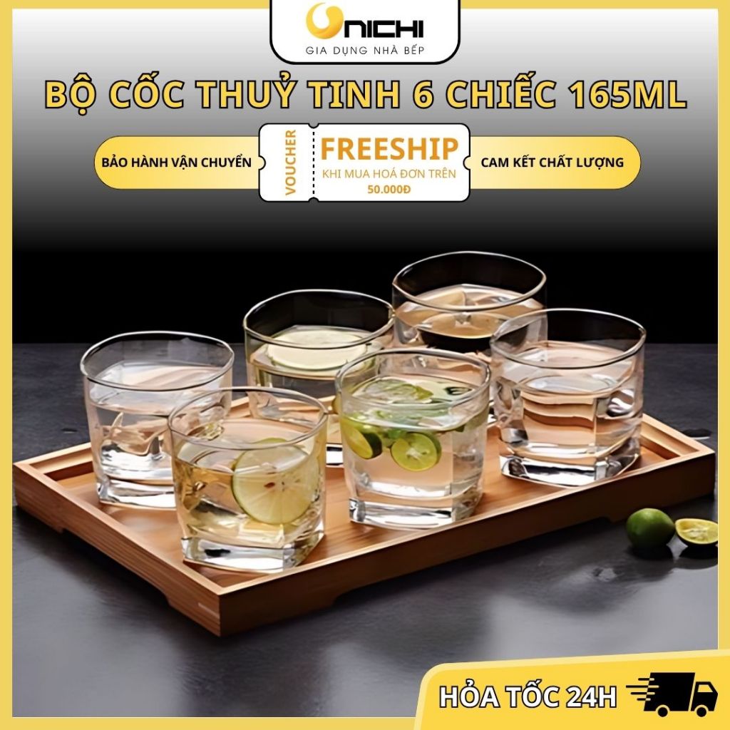 Bộ cốc ly thủy tinh 6 chiếc uống nước trong suốt trơn dáng ngắn chịu nhiệt 4 cạnh, 5 cạnh 165ml ...