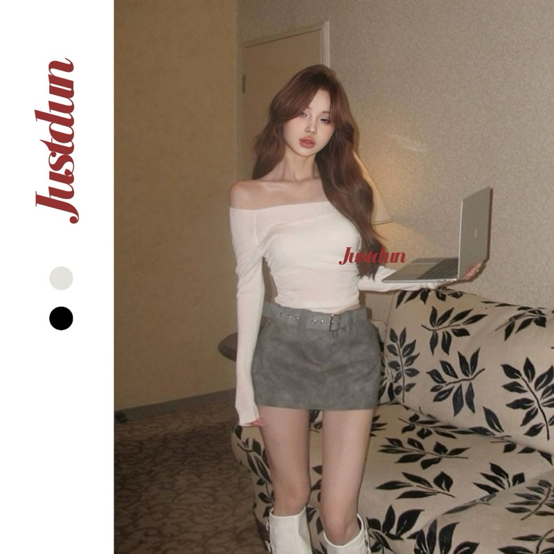 Áo trễ vai tay dài ôm body basic thun cotton mềm mịn Justdun D69 | Shopee Việt Nam