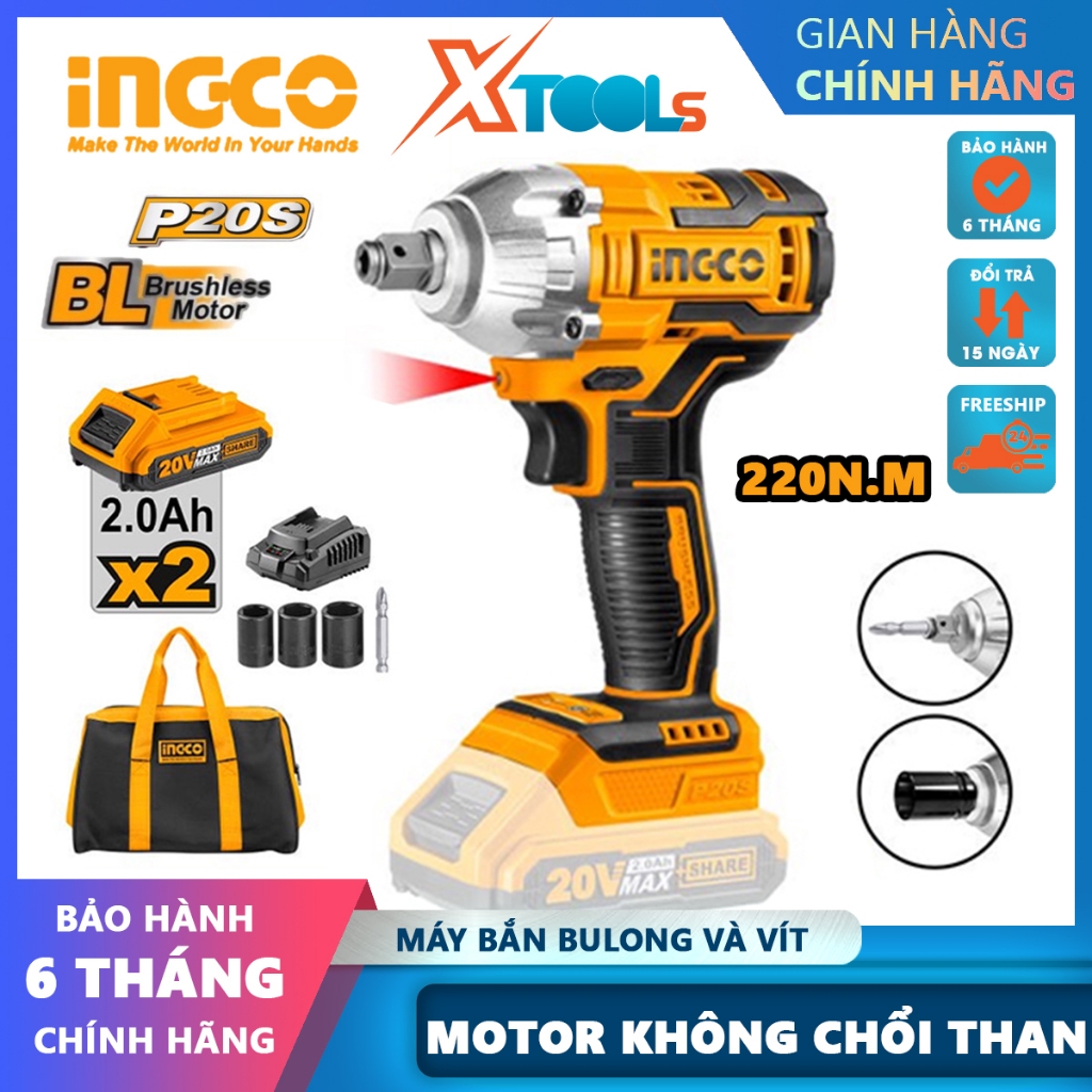 Máy Siết Vít, Bulong Pin 20V INGCO CIWLI20208, Động Cơ Không Chổi Than, 220NM kèm 2 Pin, 3 Đầu ...