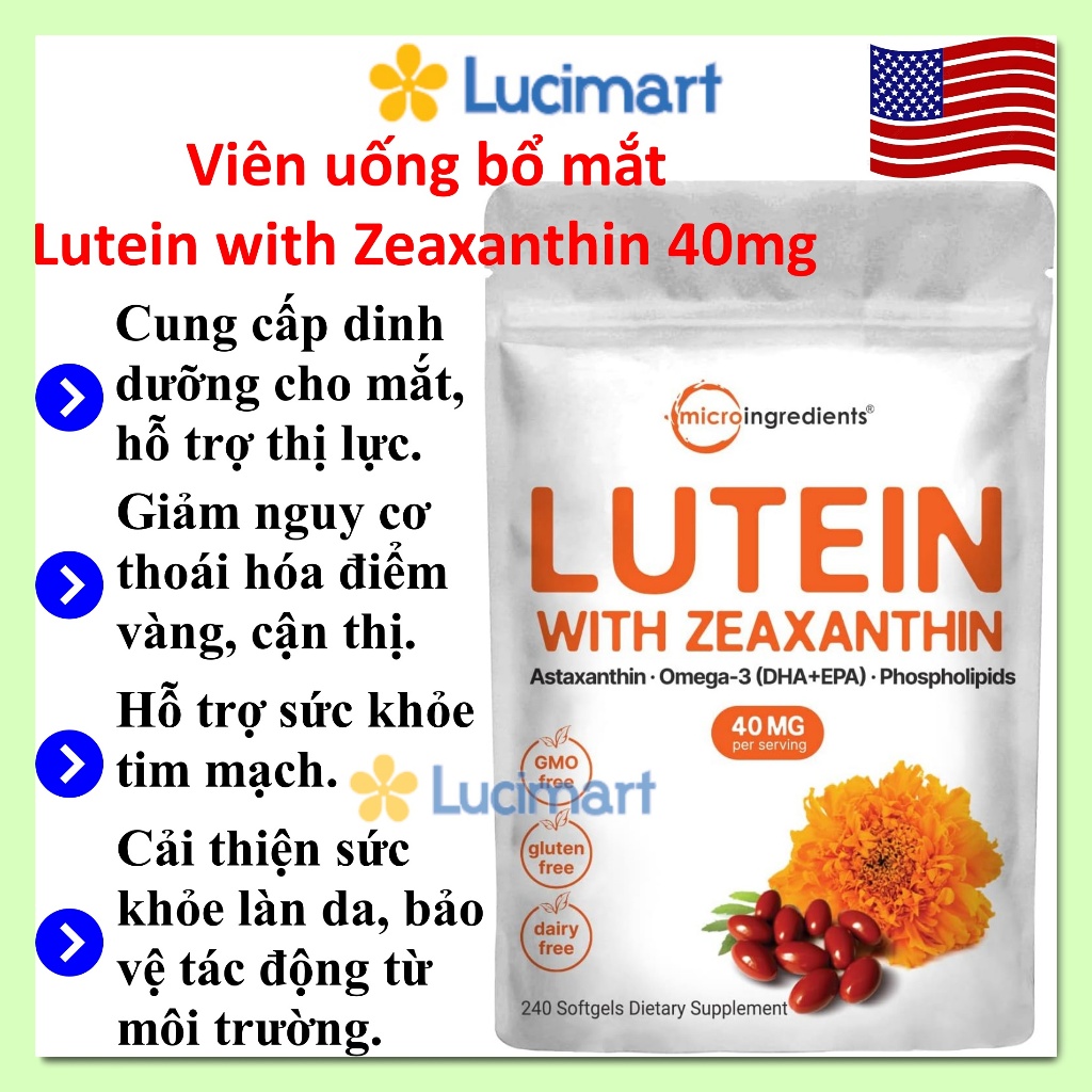 Viên uống bổ mắt Lutein with Zeaxanthin 40mg Micro Ingredients túi 240 ...