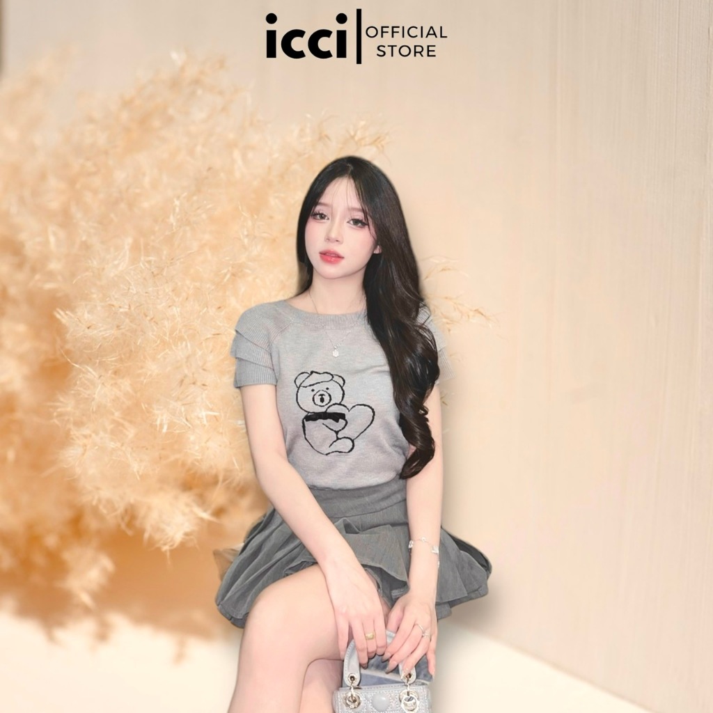 ICCI - Áo len tay ngắn dáng lửng thêu hình gấu xám chuột GN1 | Shopee Việt Nam