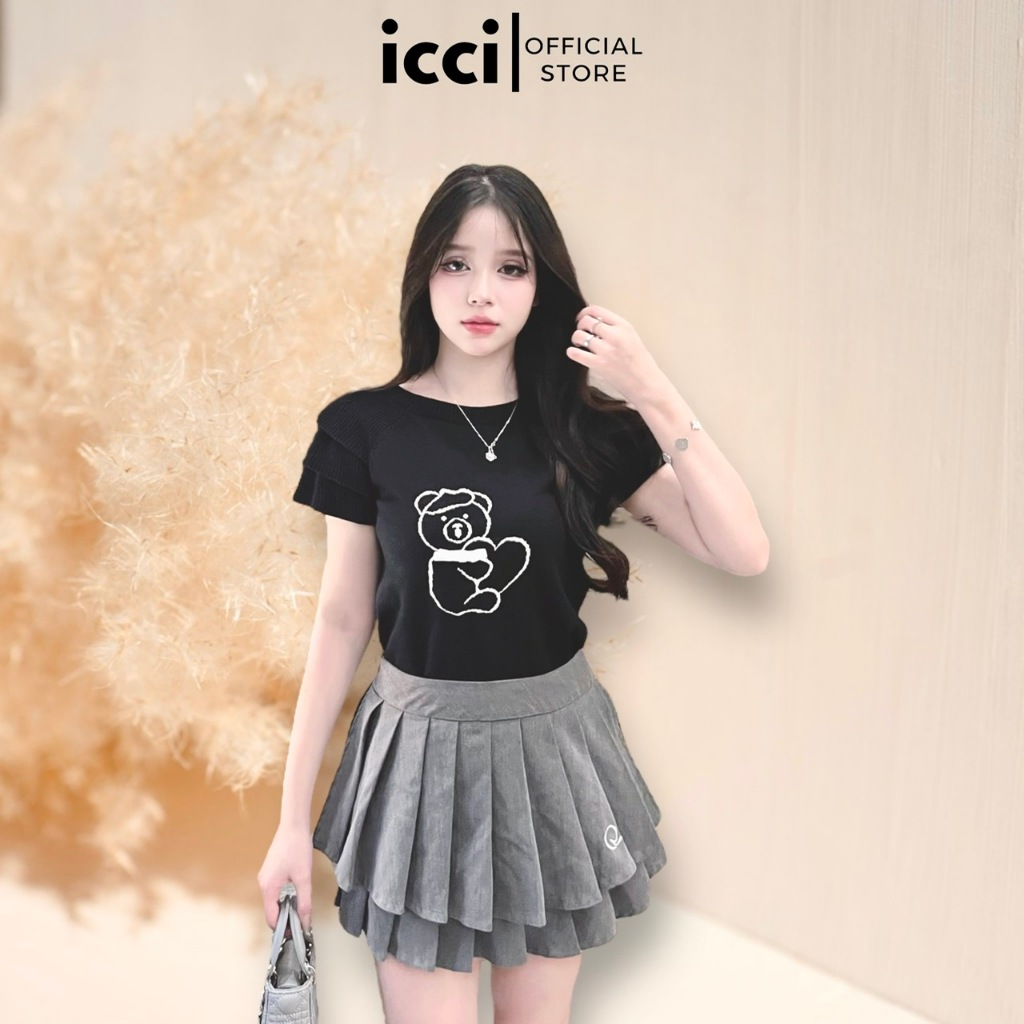 ICCI - Áo len tay ngắn dáng lửng thêu hình gấu xám chuột GN2 | Shopee Việt Nam