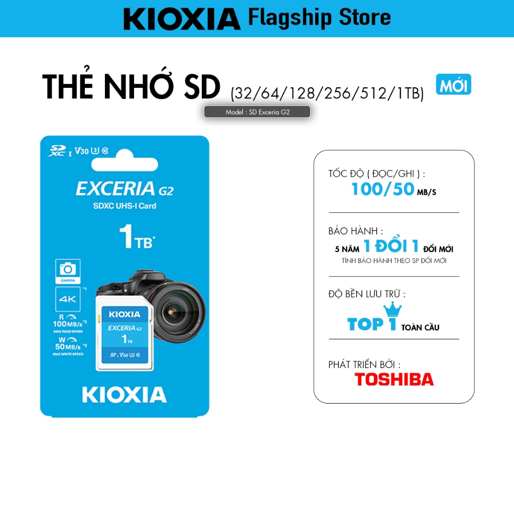 Thẻ nhớ SD KIOXIA V30 U3 CL10 4K [ SD Exceria G2 ] - Hàng Chính Hãng ( 32GB 64GB 128GB 256GB ...