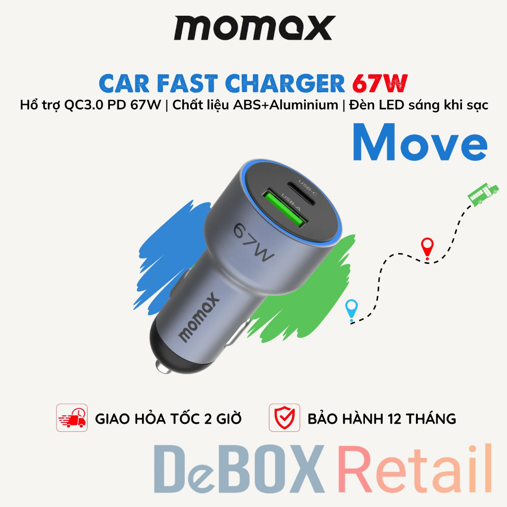 Tẩu Sạc Nhanh Ô Tô MOMAX MoVe 67W 2 Cổng Nhỏ Gọn, UC16 Hỗ trợ Sạc Nhanh Kép QC3.0 và PD 67W ...