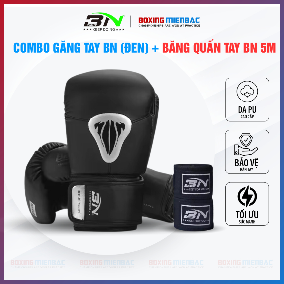 Găng Boxing BN Fight 5.0 Chính Hãng + Băng quấn tay (Đen) | Shopee Việt Nam