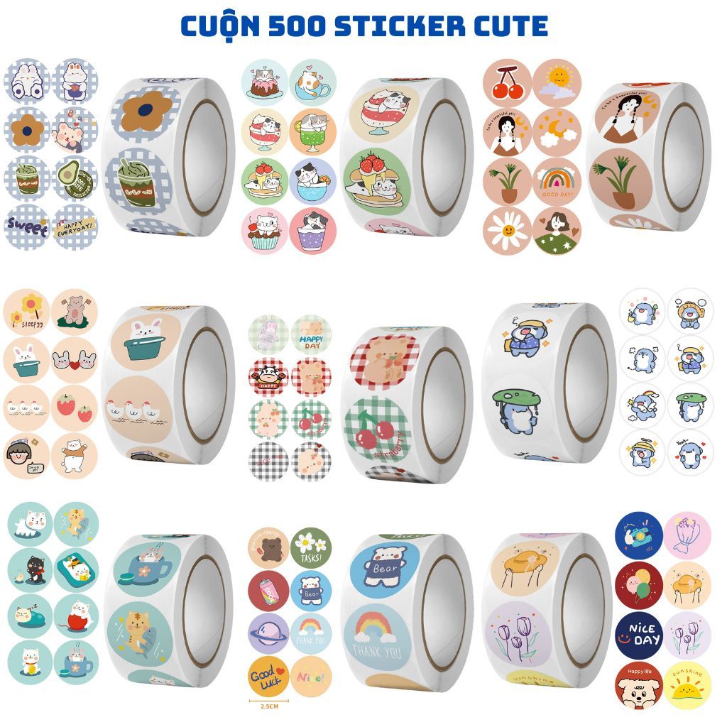 Cuộn 500 sticker khen thưởng hoạt hình tem dán sticker thank you gói ...