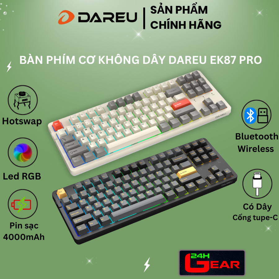 Bàn Phím Cơ Không Dây DAREU EK87 PRO (3 MODE: TypeC /2.4G/ Bluetooth ...