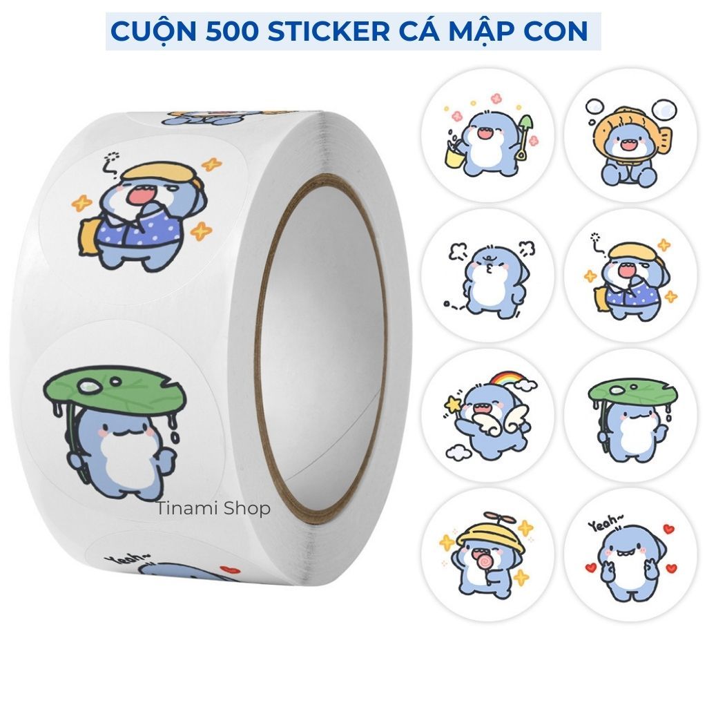 Cuộn 500 sticker cá mập con dễ thương nhãn dán trang trí cuộn 500 tem ...