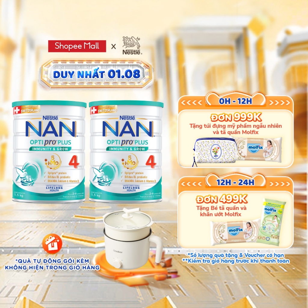[Tặng Nồi lẩu điện ] Bộ 2 Lon sữa bột Nestlé NAN OPTIPRO PLUS 4 1500g/lon với 5HMO Giúp tiêu hóa ...