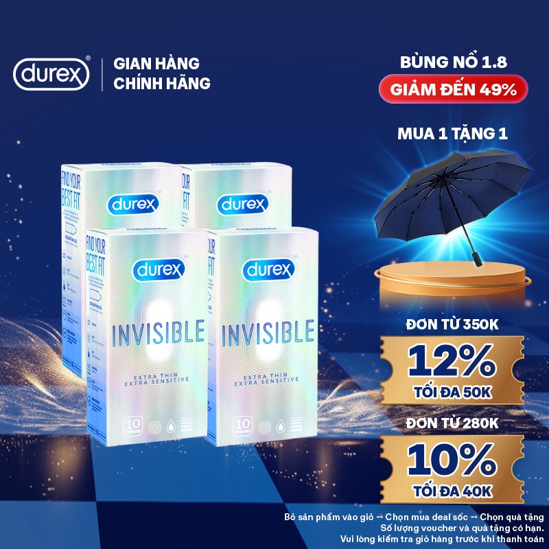 Bộ 4 hộp bao cao su Durex Invisible siêu mỏng, size 52mm, 10 bao/hộp | Shopee Việt Nam