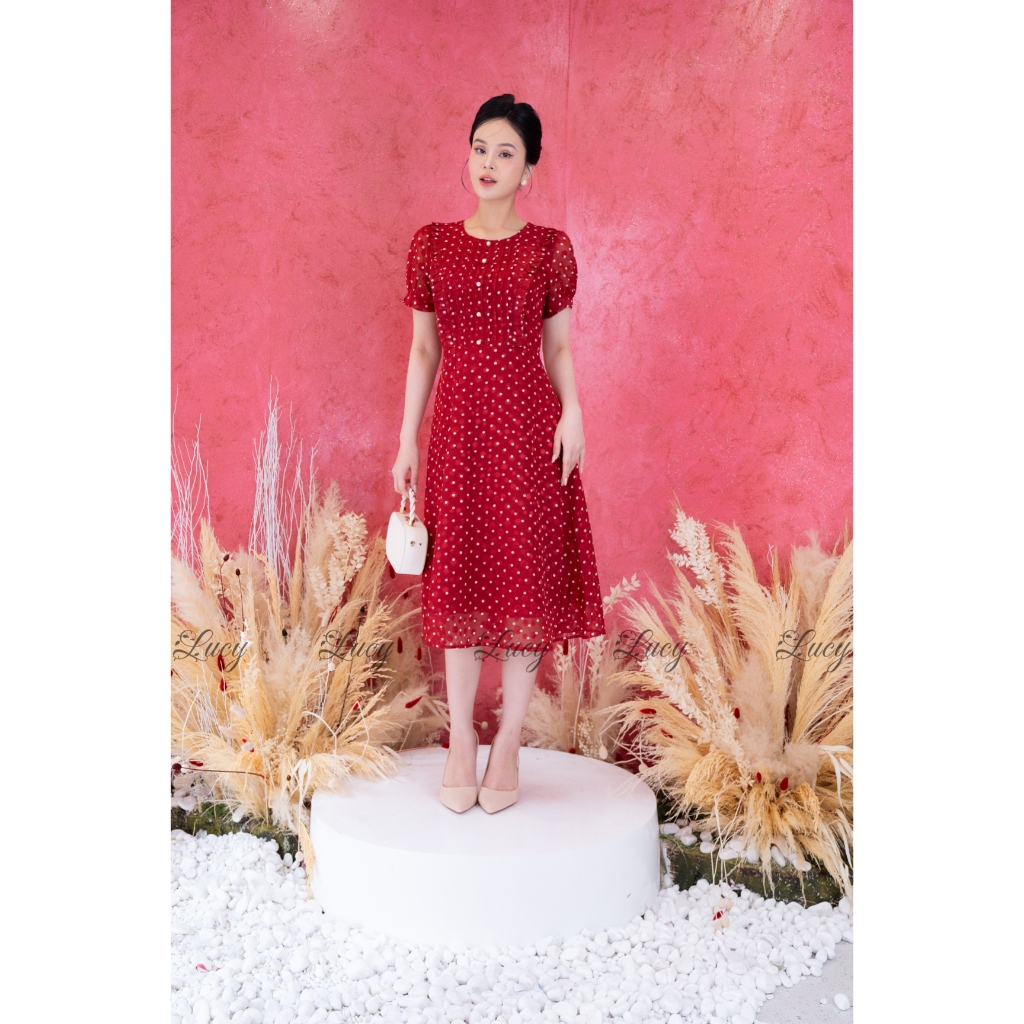 Đầm thiết kế Callop 9169 Váy Lucy voan bi nâu tây thanh lịch | Shopee ...