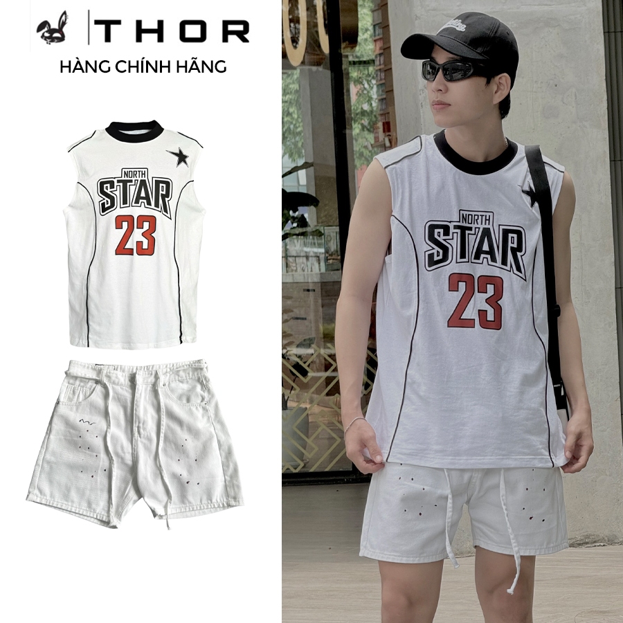 THOR set tiết kiệm áo thun tanktop in số và short jean trắng bộ đồ áo phông ba lỗ blockcore phối ...