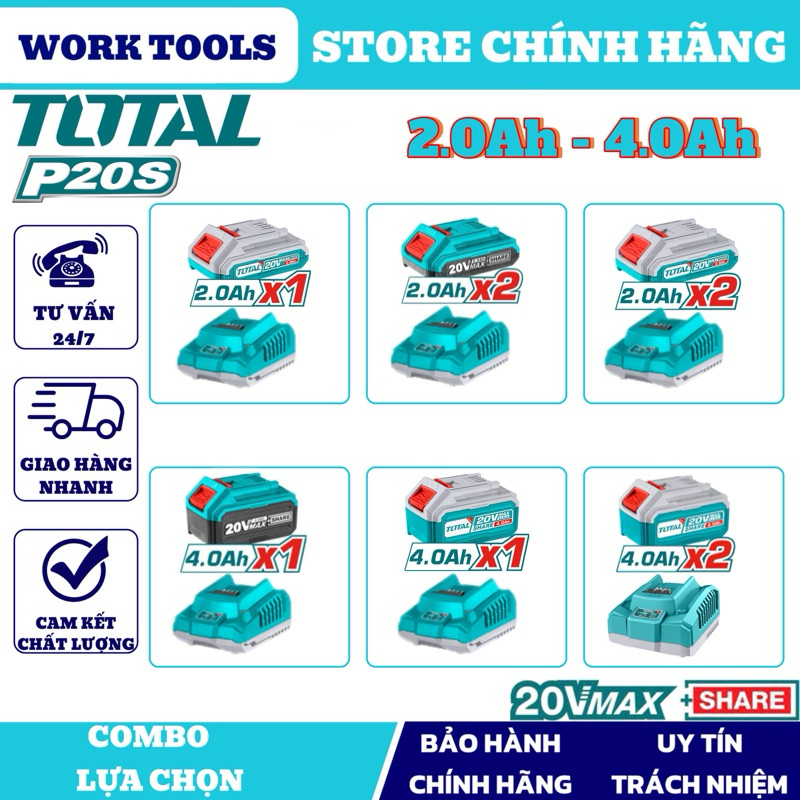 TOTAL COMBO PIN SẠC 20V 2.0AH - 4.0AH , TFBCPK1424 , TFBCPK1222 ...