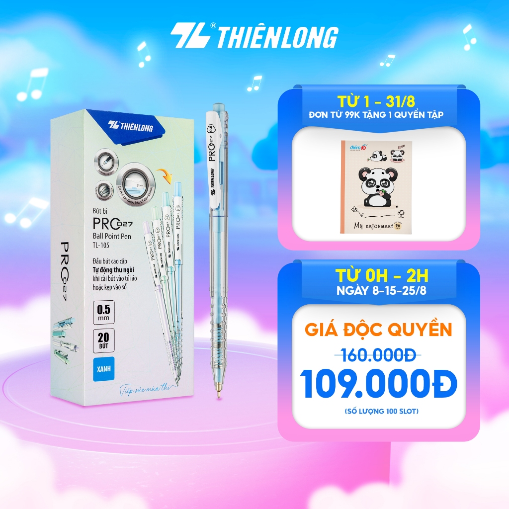 Combo 20 Bút bi Thiên Long 027 Pro ngòi 0.5mm mực xanh đen thân bút màu ...