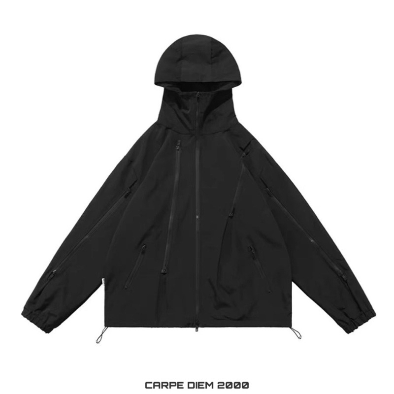 Black Gorpcore Jacket - Áo khoác gió, dù khoá zip có mũ trùm, form ...