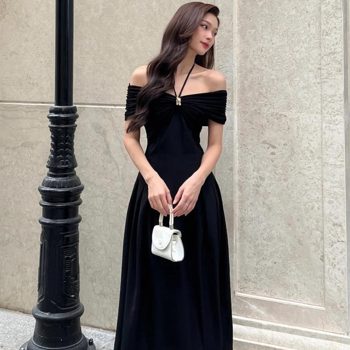 Hanna - Đầm trễ vai nữ dáng xòe dài ôm eo tôn dáng chất cotton hàn đi ...