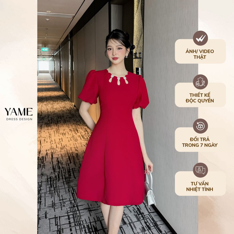 Váy nữ dáng A tay bồng cổ tròn viền lượn cut-out đính đá trang trí YAME ...